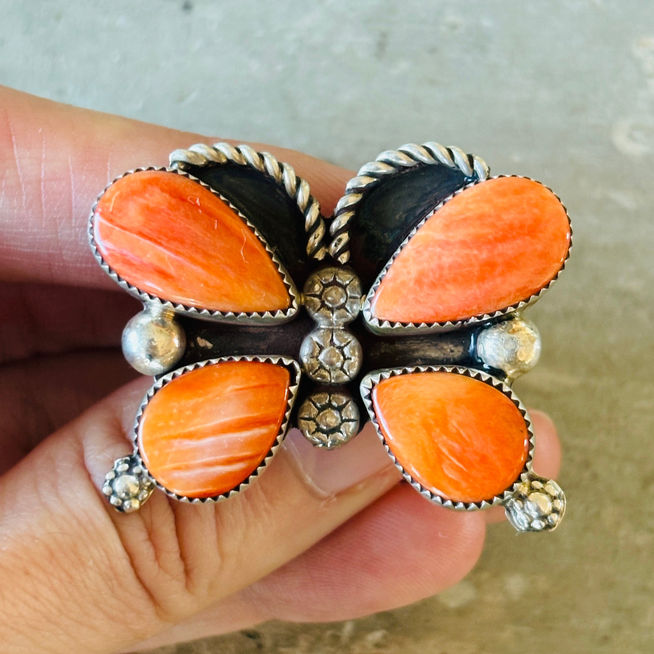 Navajo Darlene Begay Sterling Silver & Orange Spiny Oyster Butterfly R ...